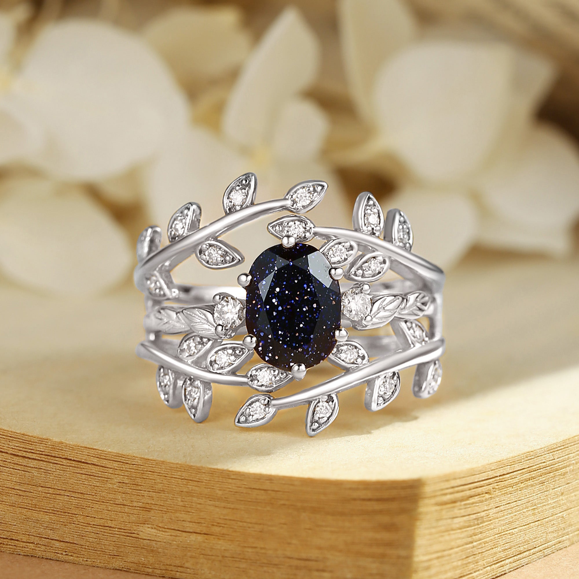 Hedwige - Blue Sandstone Leafy Branch Enhancer Ring Set 2pcs – Blingflare