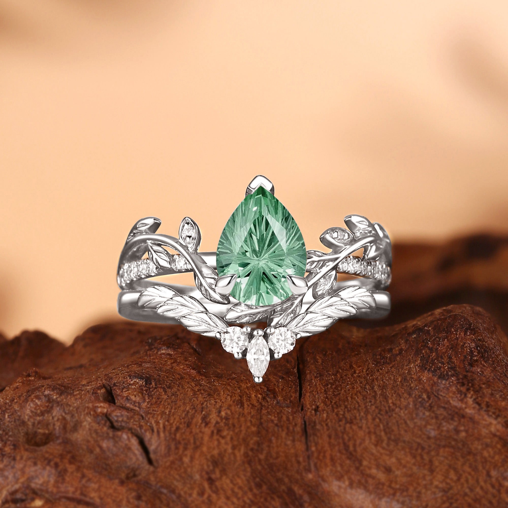 Jora - Pear Firework Cut Green Sapphire Nature Inspired Leafy Bridal S ...