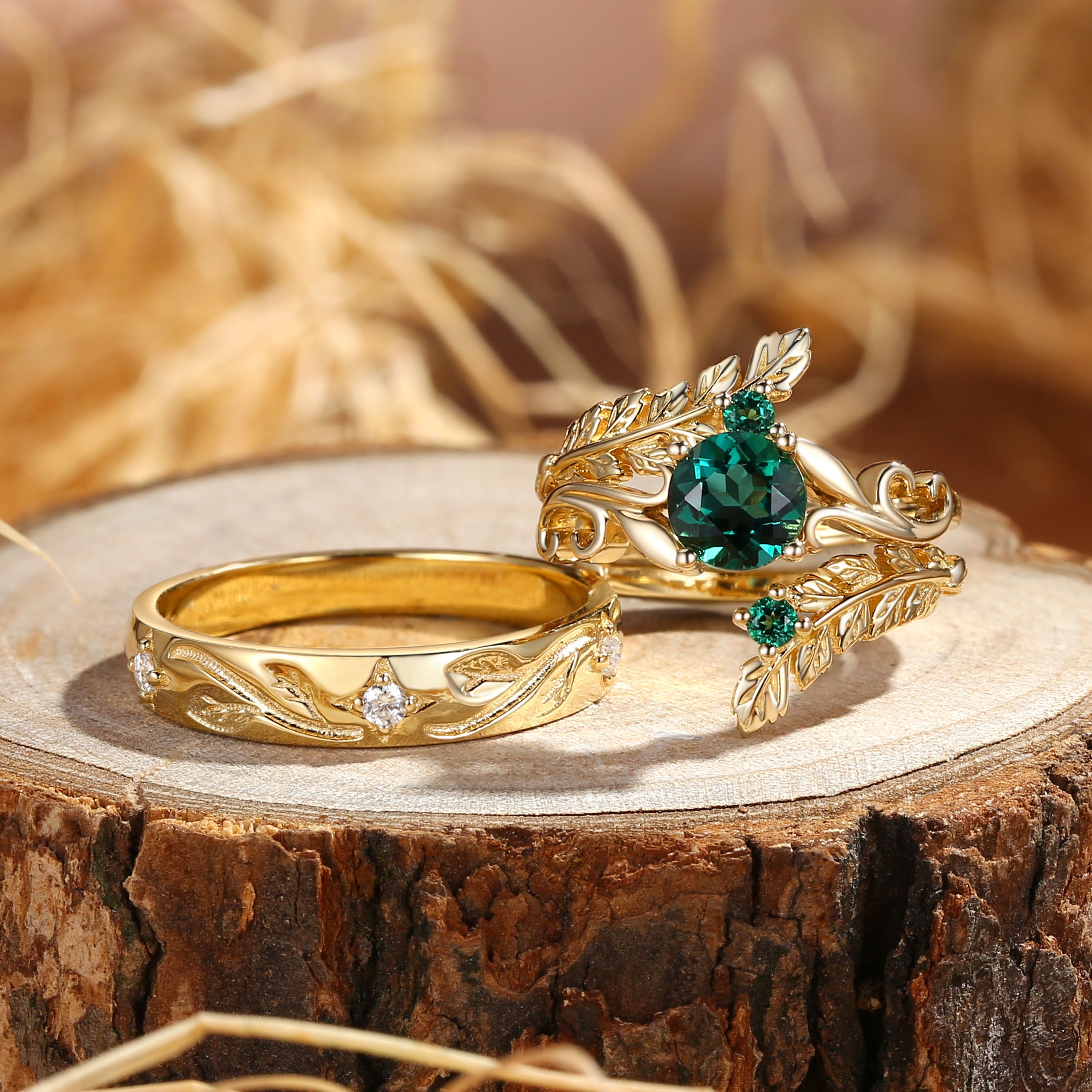 Rosine - Round Emerald Enhancer Ring & Engraving Vintage Couple Ring ...