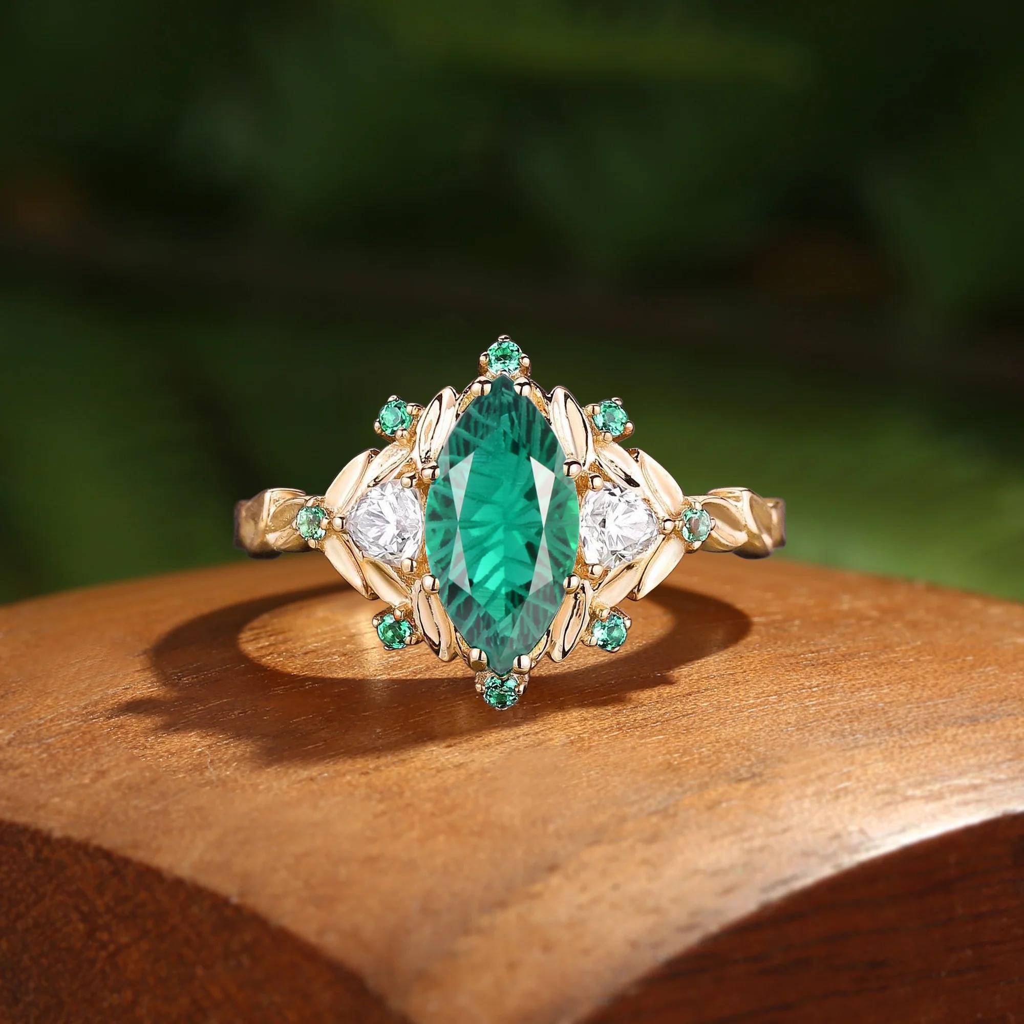 Jessamine - Firework Cut Marquise Lab Emerald Leaf Three Stone Branch ...